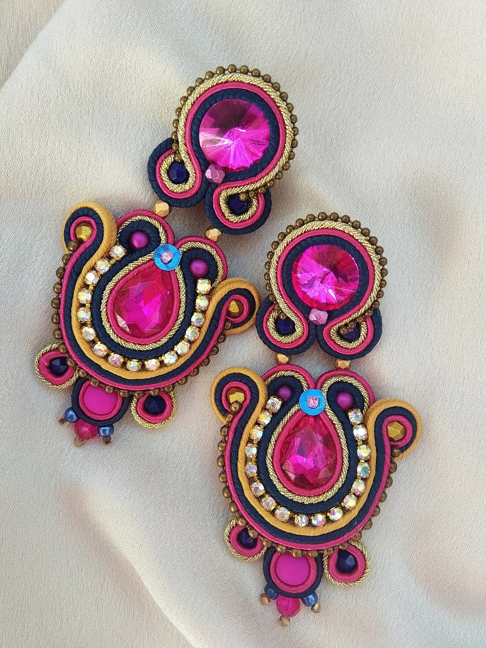 Statement Long Hot Pink Soutache Earring Navy Blue Gold - Etsy