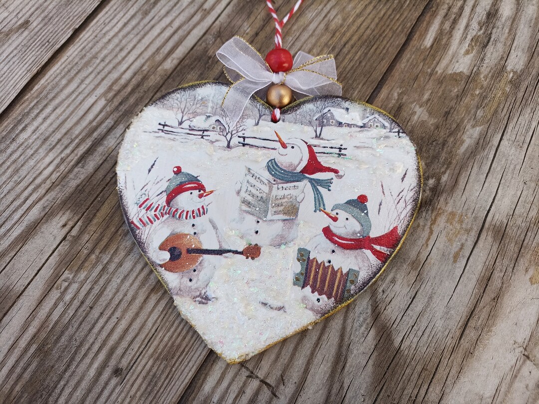 Snowman Wooden Christmas Hanging Ornament, Hanging Heart Onament, Merry ...