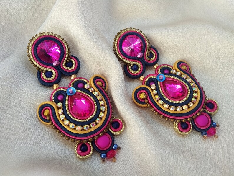 Statement Long Hot Pink Soutache Earring Navy Blue Gold - Etsy