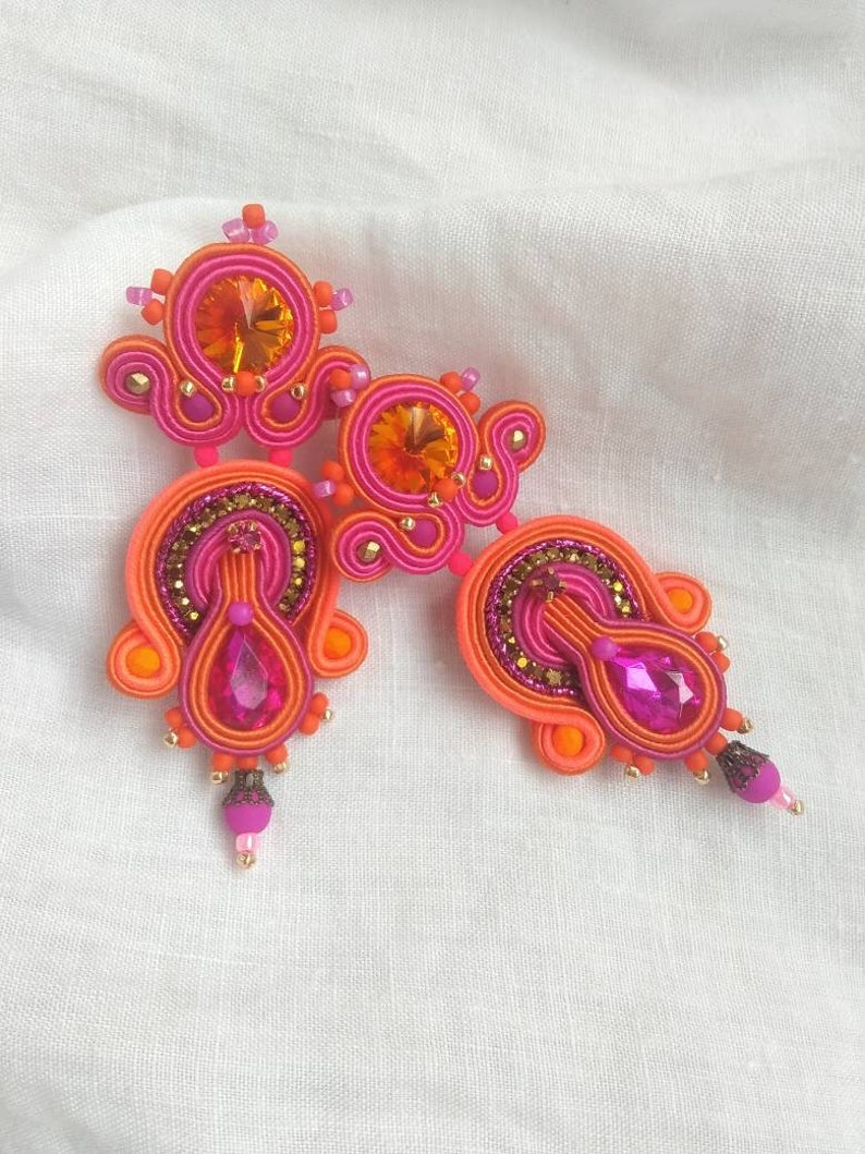 Gorgeous Orange Fuchsia Pink Long Statement Earrings Soutache - Etsy