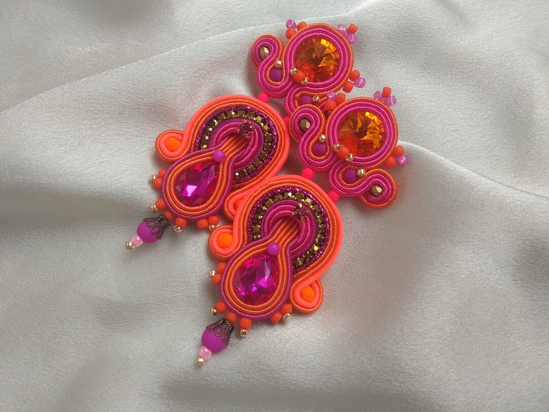 Gorgeous Orange Fuchsia Pink Long Statement Earrings, Soutache Embroidered Earrings, Magenta ...