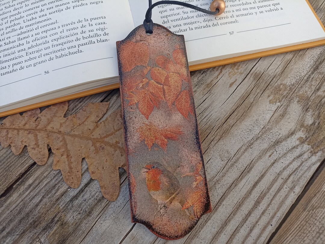 Robin Autumn Fall Wood Bookmark, Birds Bookmark, Autumn Garden Leaves ...