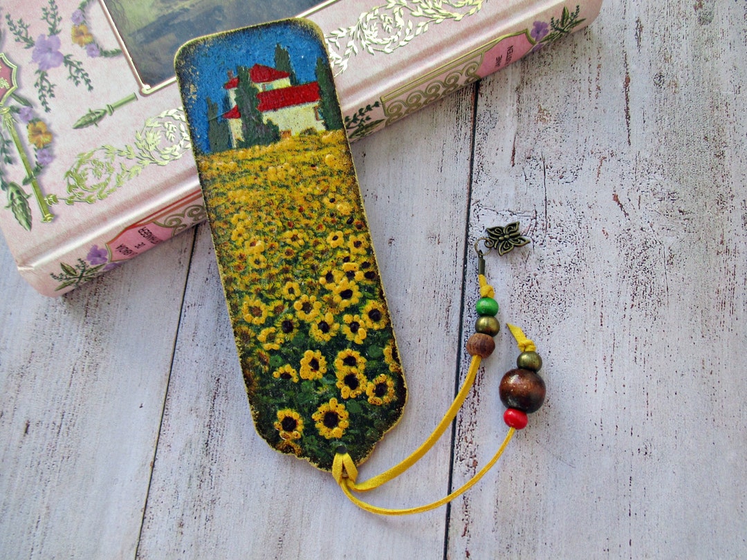 Sunflowers Tuscany Landscape Wooden Bookmark, Floral Plants Bookmark ...