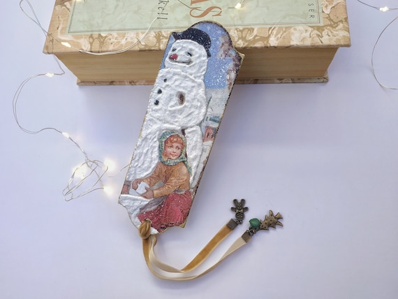 Winter Snowman Christmas Wood Bookmark Traditional Victorian - Etsy