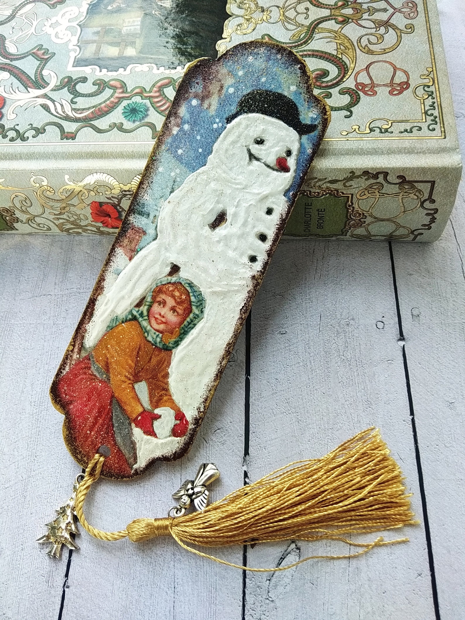 Winter Snowman Christmas wood bookmark Traditional Victorian | Etsy