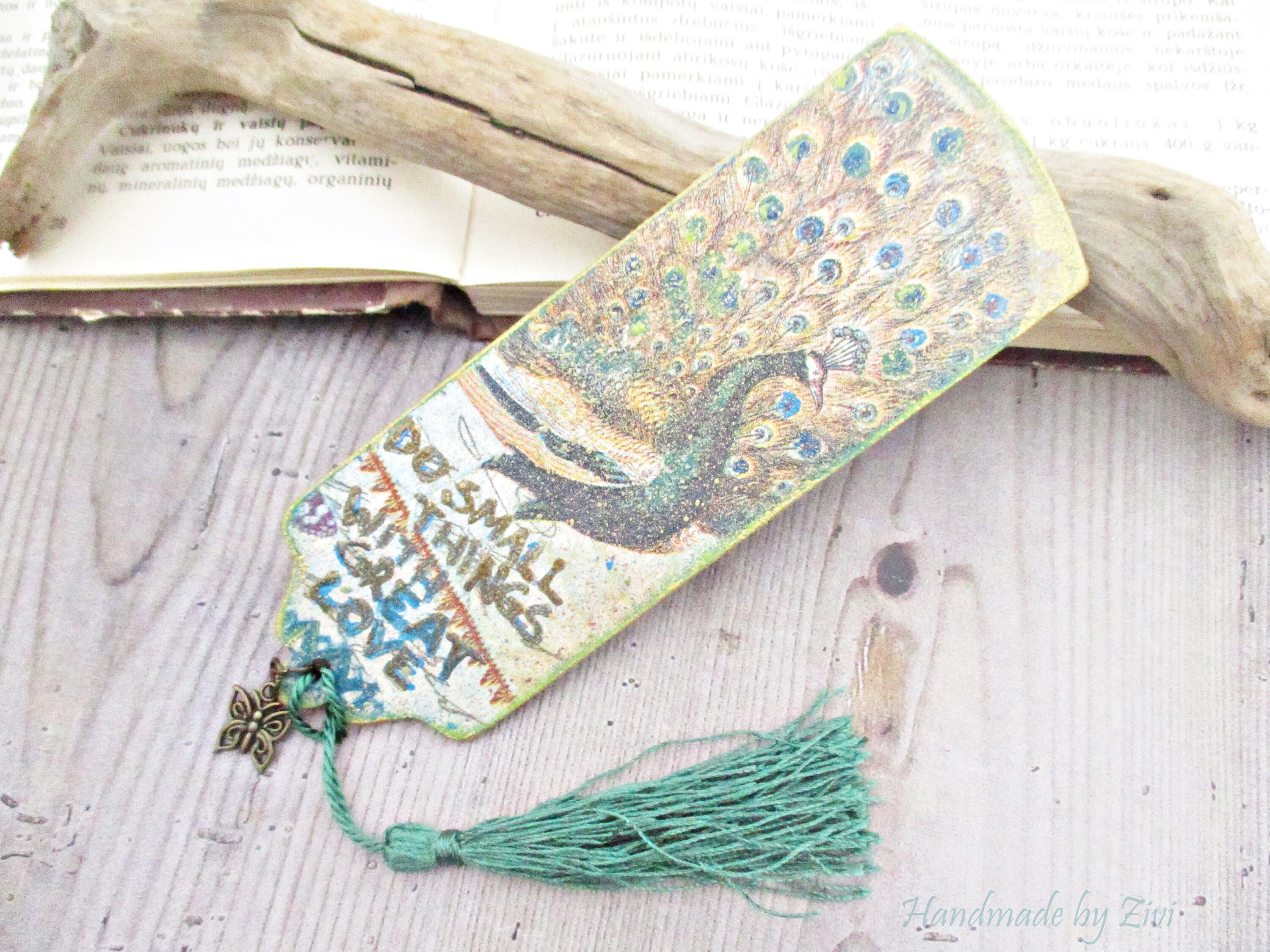 Wooden Peacock Bookmark Green tassel Bookmark Positive | Etsy
