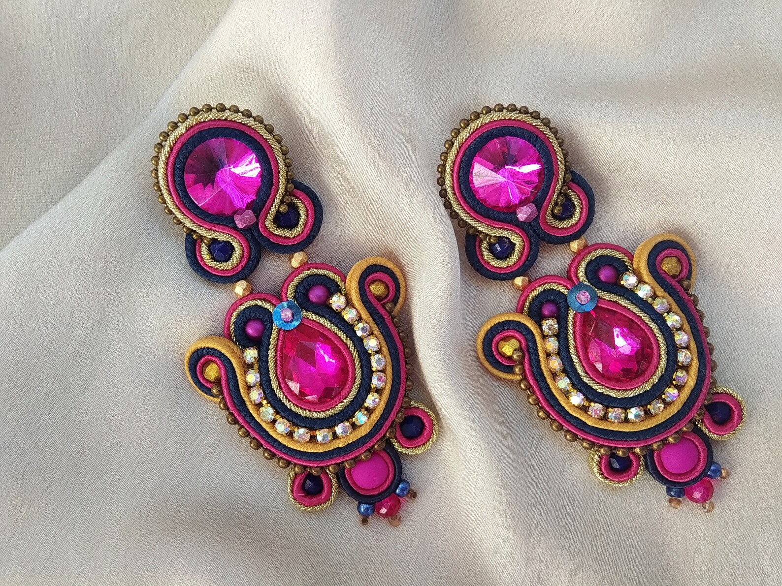 Statement Long Hot Pink Soutache Earring Navy Blue Gold - Etsy