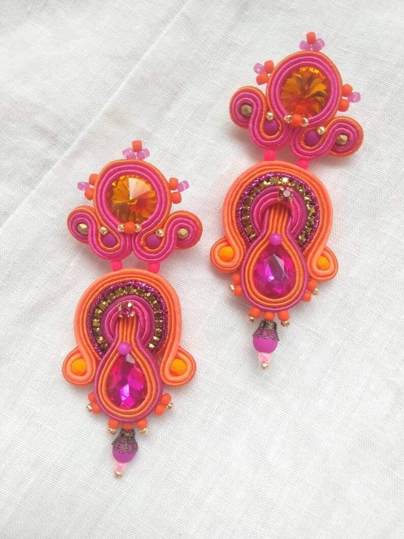 Gorgeous Orange Fuchsia Pink Long Statement Earrings Soutache - Etsy