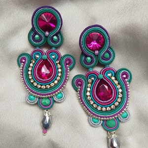 Statement Long Colorful Earrings, Multicolor Soutache Embroidered ...