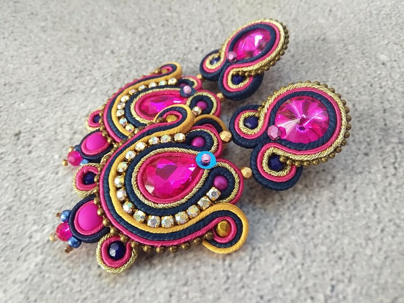 Statement Long Hot Pink Soutache Earring Navy Blue Gold - Etsy