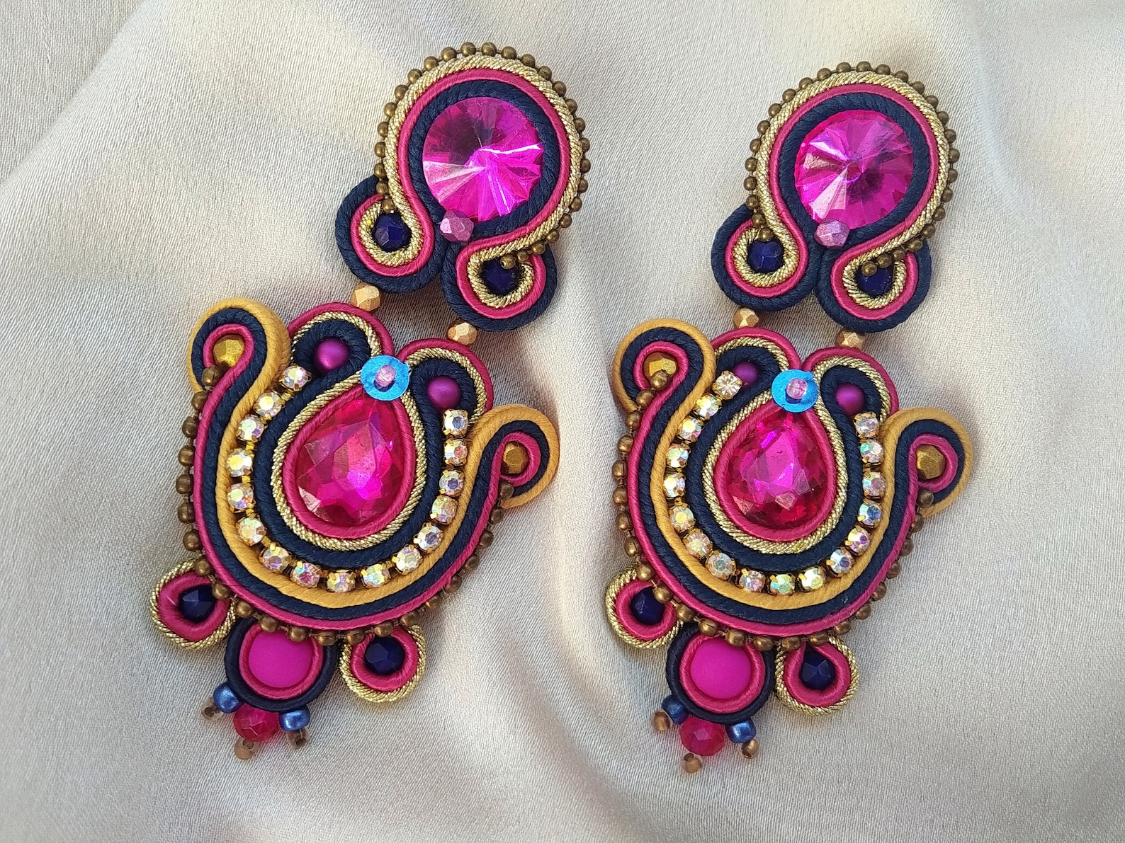 Statement Long Hot Pink Soutache Earring Navy Blue Gold - Etsy