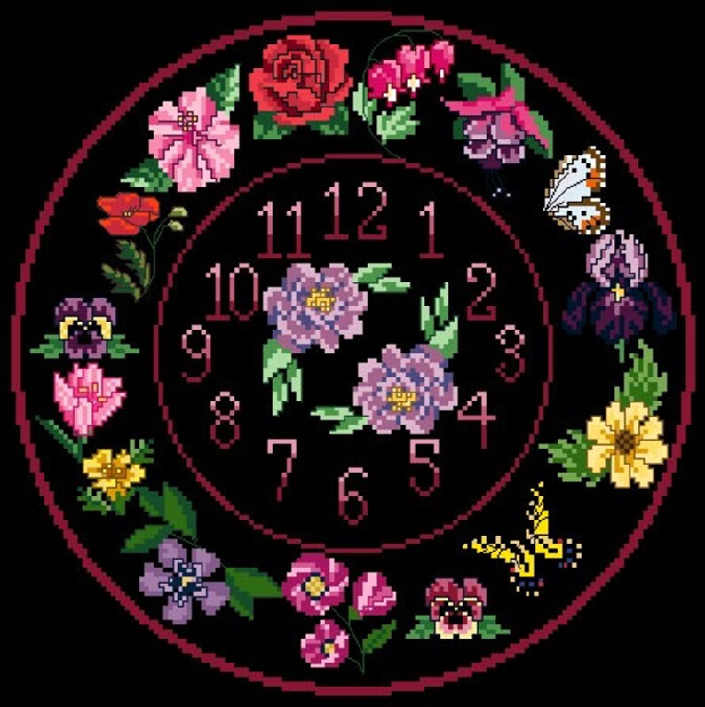 Cross Stitch Flower Clock Chart (pattern No 4) - Etsy