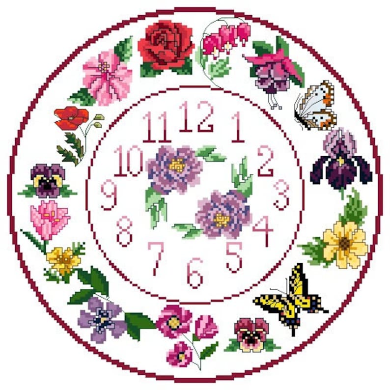 Cross Stitch Flower Clock Chart (pattern No 4) - Etsy