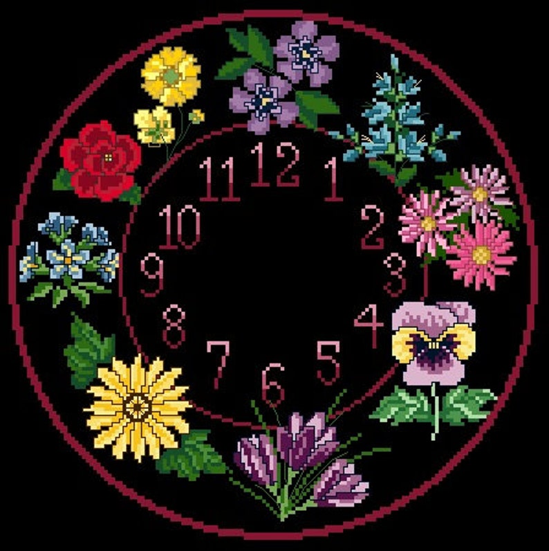 Cross Stitch Flower Clock Chart (pattern No 2) - Etsy