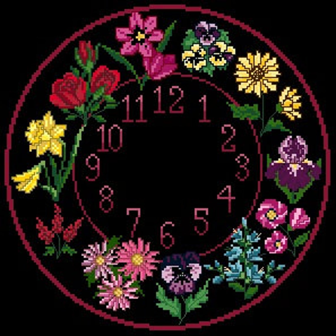 Cross Stitch Flower Clock Chart (pattern No 1) - Etsy