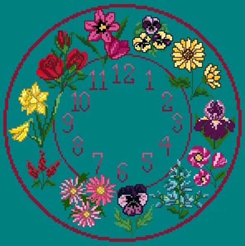 Cross Stitch Flower Clock Chart (pattern No 1) - Etsy