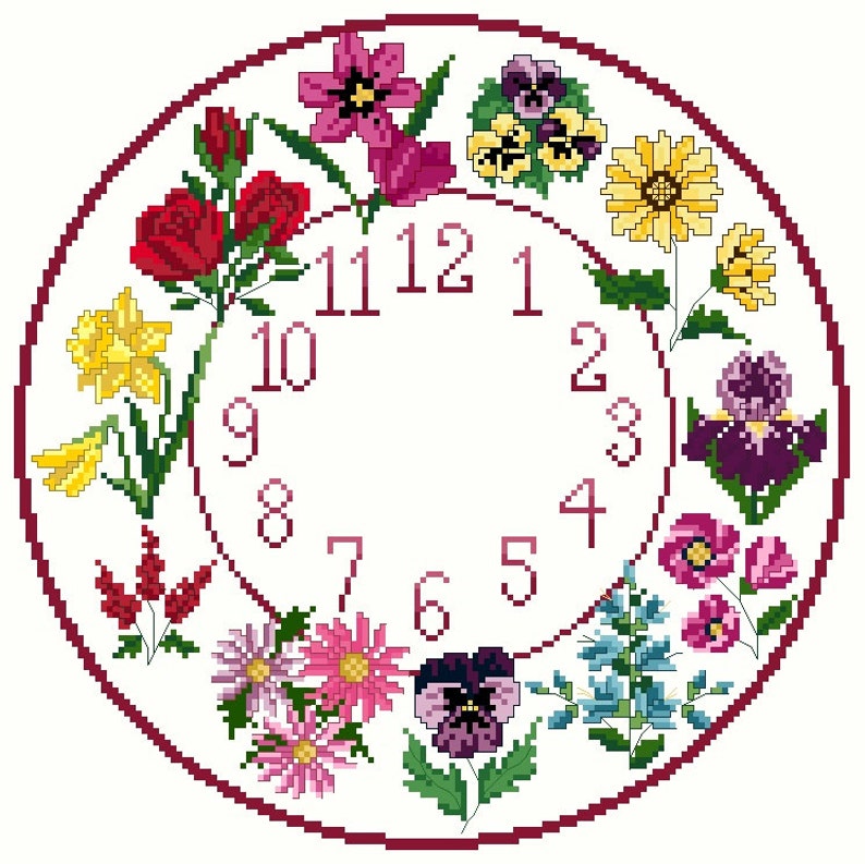 Cross Stitch Flower Clock Chart (pattern No 1) - Etsy