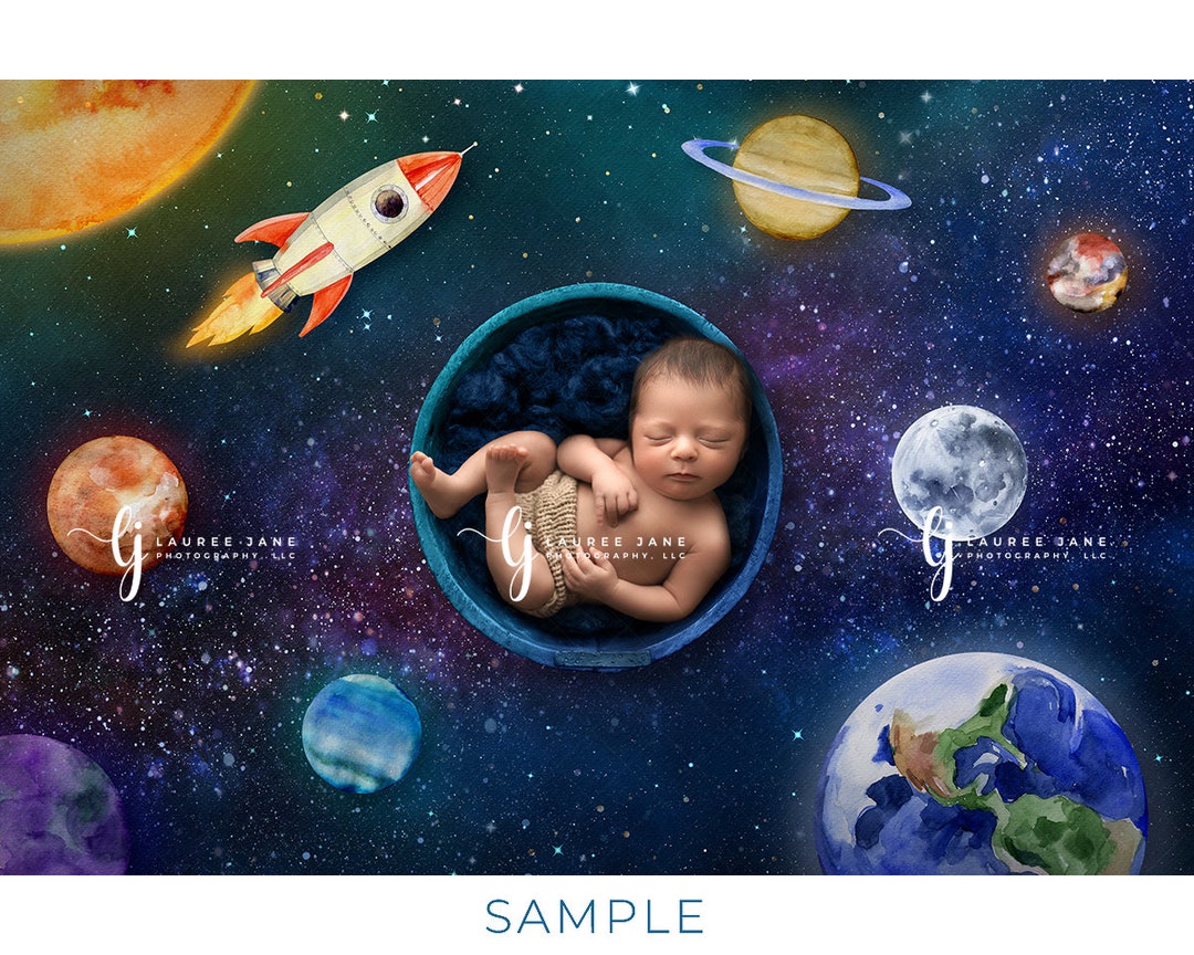 Newborn Digital Backdrop Background Space Astronaut Moon Stars Rocket ...