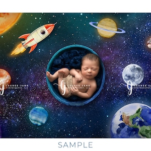 Newborn Digital Backdrop Background Space Astronaut Moon Stars Rocket ...