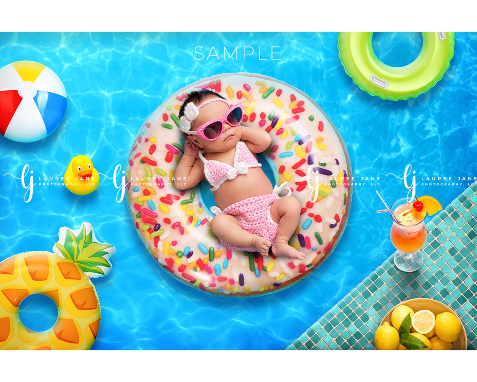Newborn Digital Backdrop Pool Summer Lemon Pineapple Donut Duck Sun ...