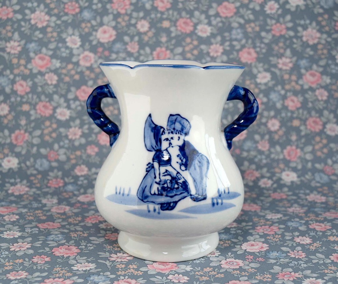 Vintage Dutch Delft Vase – Kissing Couple & Windmill Design, Hand ...