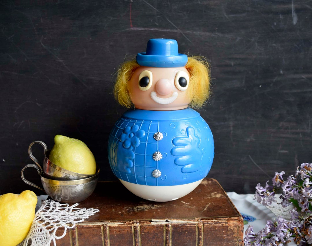 Vintage Soviet Time Hard Plastic Roly Polly Blue Clown Musical Chime ...