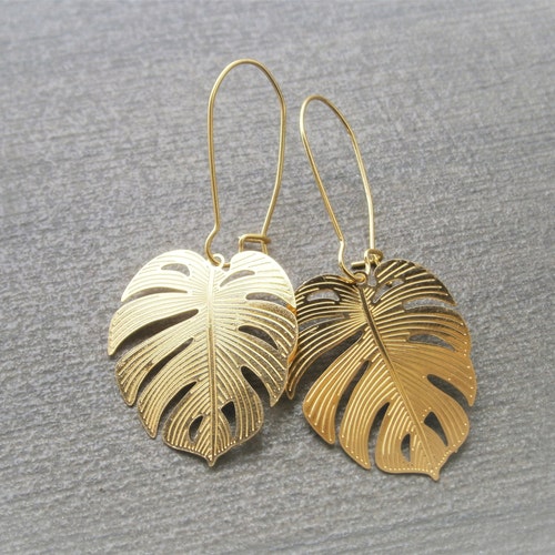 Monstera Leaf Earrings Gold Brass Boho Bridesmaid or Wedding - Etsy