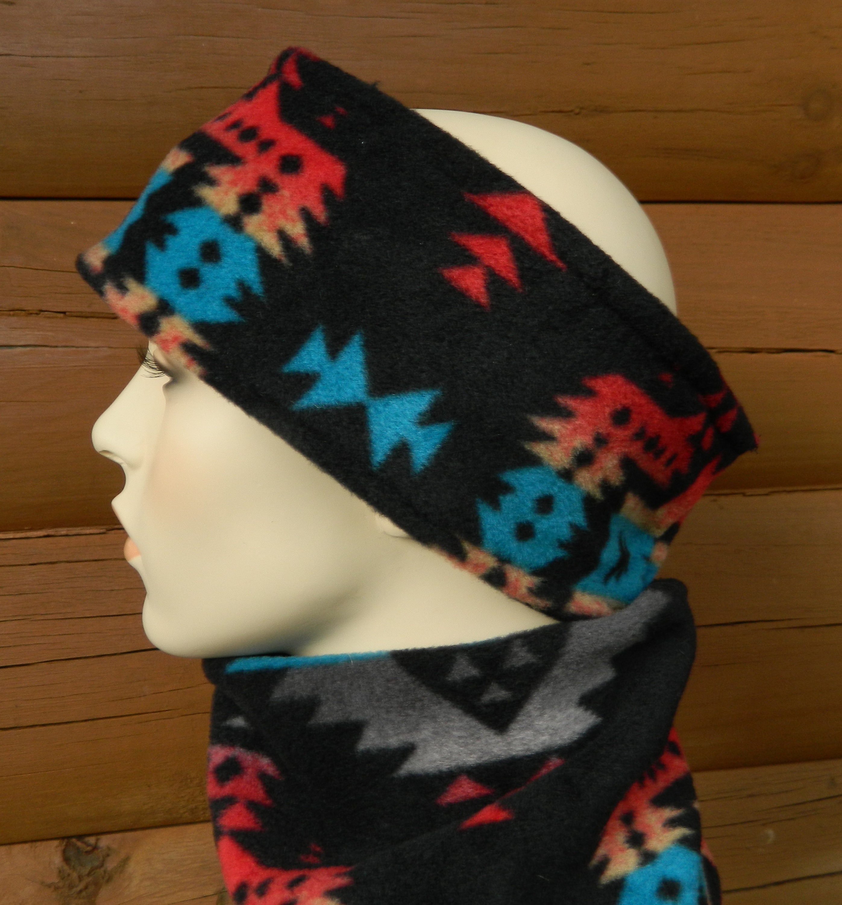 Black Aztec Design Ear Warmer Fleece Winter Headband Extra - Etsy