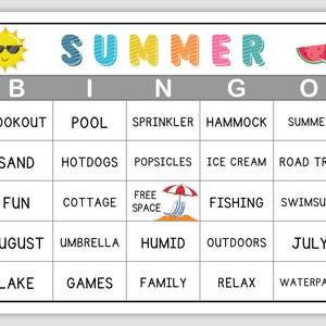100 Summer Bingo Cards, Pdf Download, 1, 2, and 4 per Page, 50 Call ...