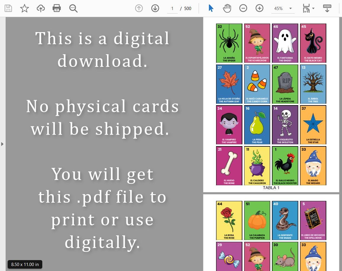 500 Halloween Bingo Cards, 54 Call Cards, Spanish and English Printable ...
