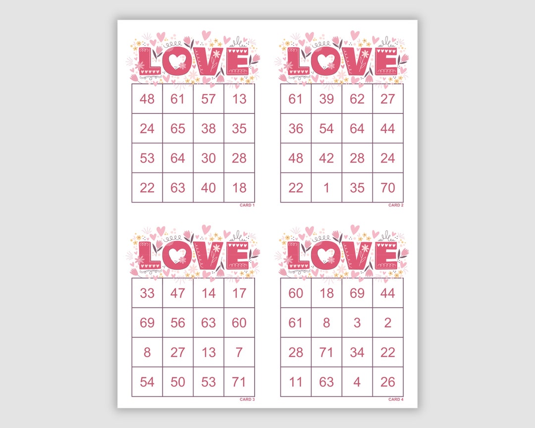 200 LOVE Bingo Cards Pdf Download, 1, 2, and 4 per Page, Instant ...