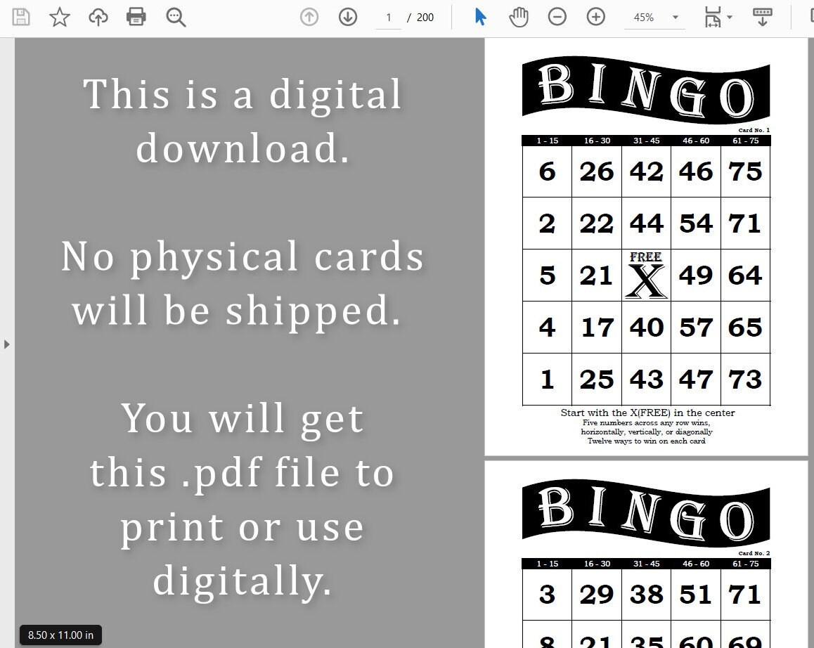 200 Bingo Cards, 1 per Page, Pdf Download, Instant Printable Fun Party ...