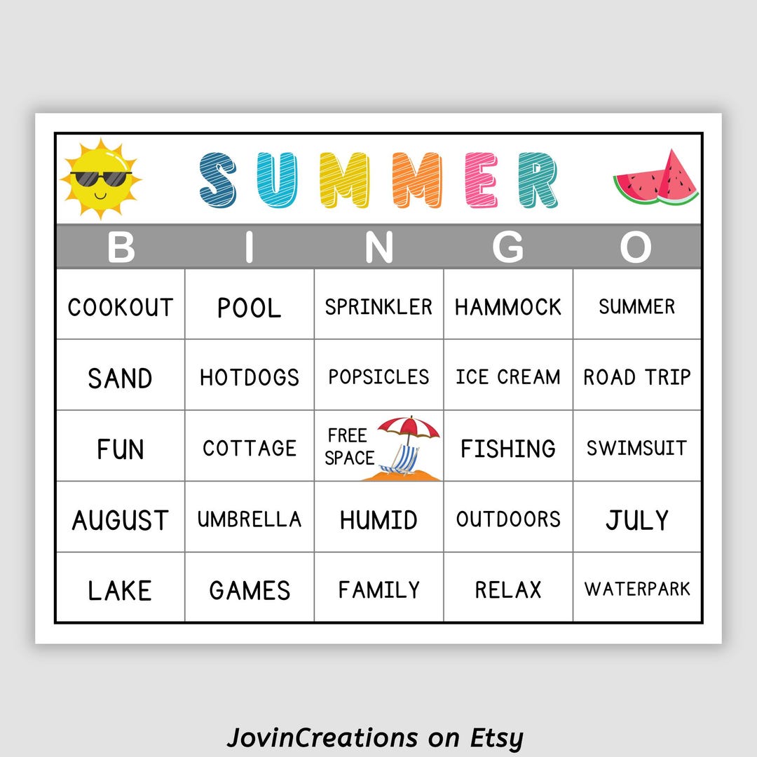 100 Summer Bingo Cards, Pdf Download, 1, 2, and 4 per Page, 50 Call ...