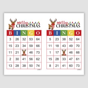 500 Christmas Bingo Cards, 1, 2, and 4 per Page, Reindeer Fun Printable ...