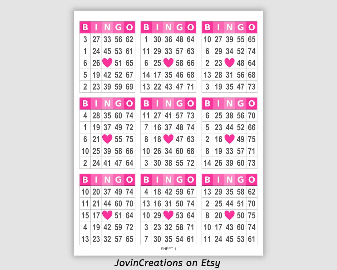 1800 Bingo Cards Valentines Pink Bingo Cards 200 Sheets 9 Games on Each ...