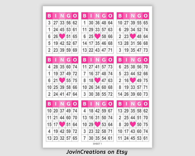 1800 Bingo Cards Valentines Pink Bingo Cards 200 Sheets 9 Games on Each ...
