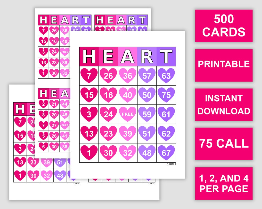 500 Heart Bingo Cards Pdf Download 1 2 and 4 per Page - Etsy Australia