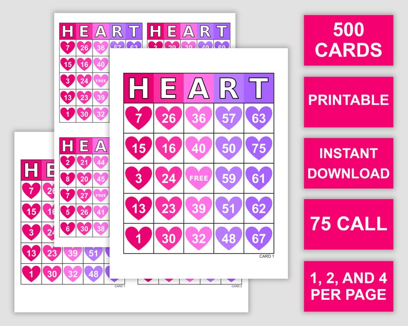 500 Heart Bingo Cards Pdf Download 1 2 and 4 per Page - Etsy