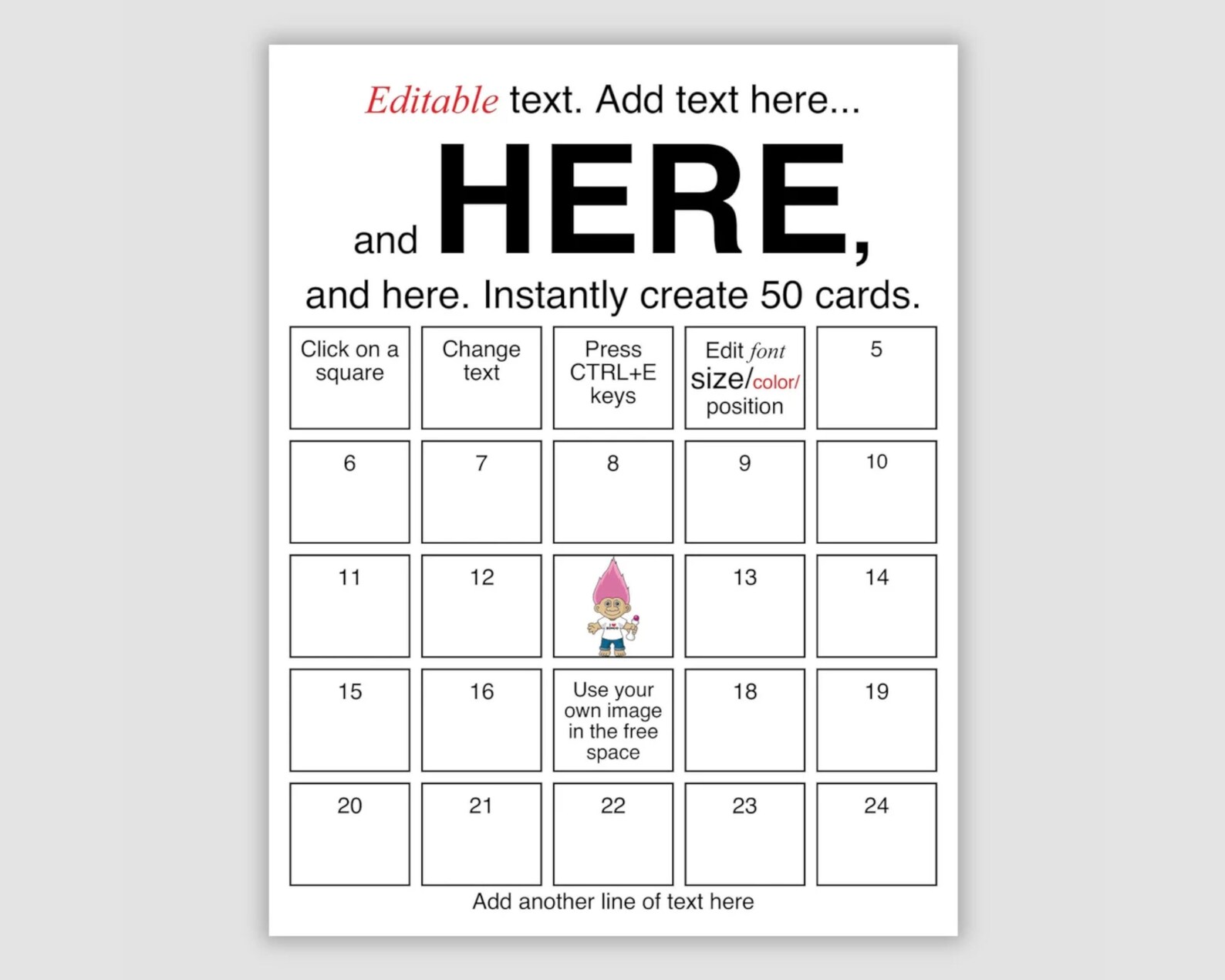 50 Card Editable Bingo Template, 24 Call Game, All Text and Free Image ...