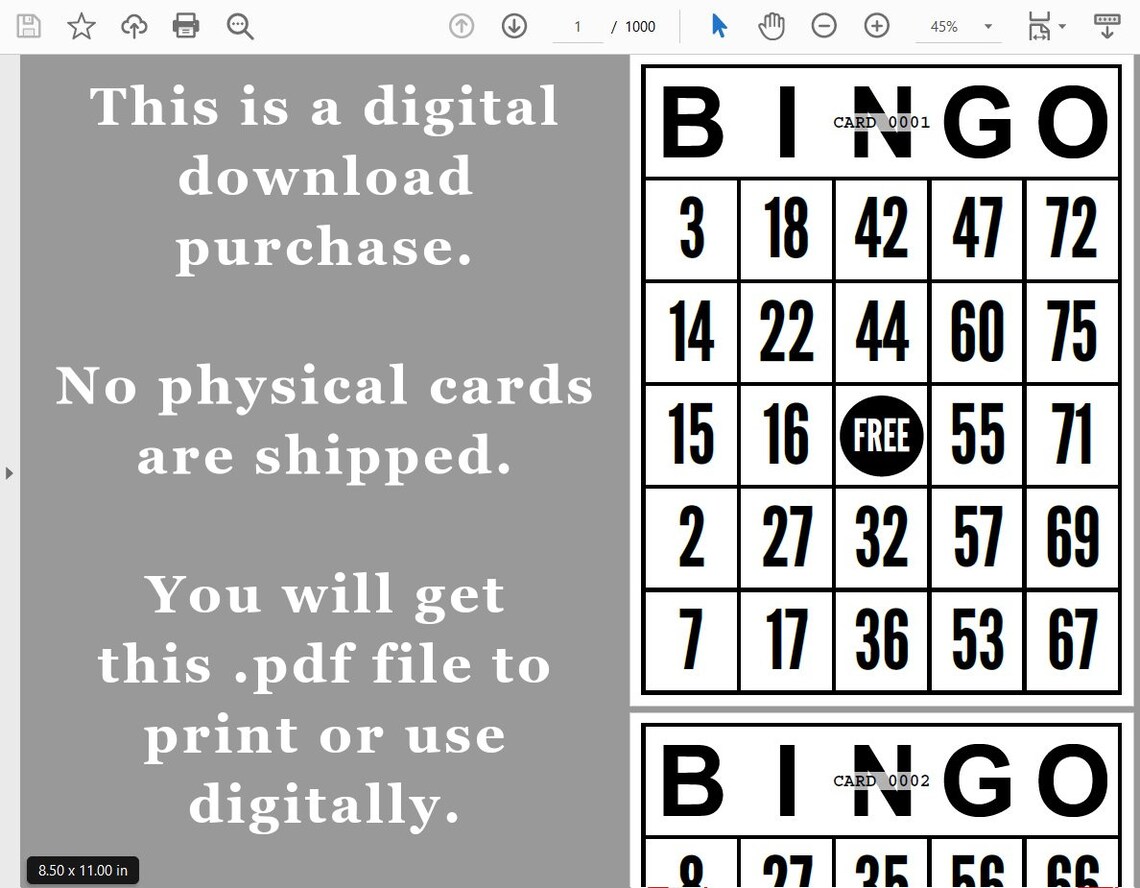 1000 Jumbo Bingo Cards Pdf Download, 1 per Page, Instant Printable Fun ...
