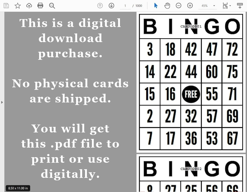 1000 Jumbo Bingo Cards Pdf Download 1 per Page Instant - Etsy