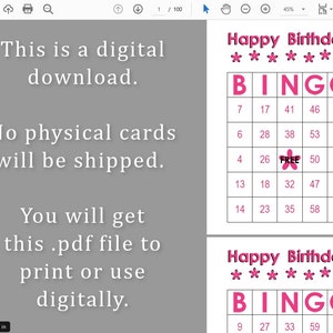 100 Birthday Bingo Cards Pdf Download, 1 per Page, 75 Call, Instant ...