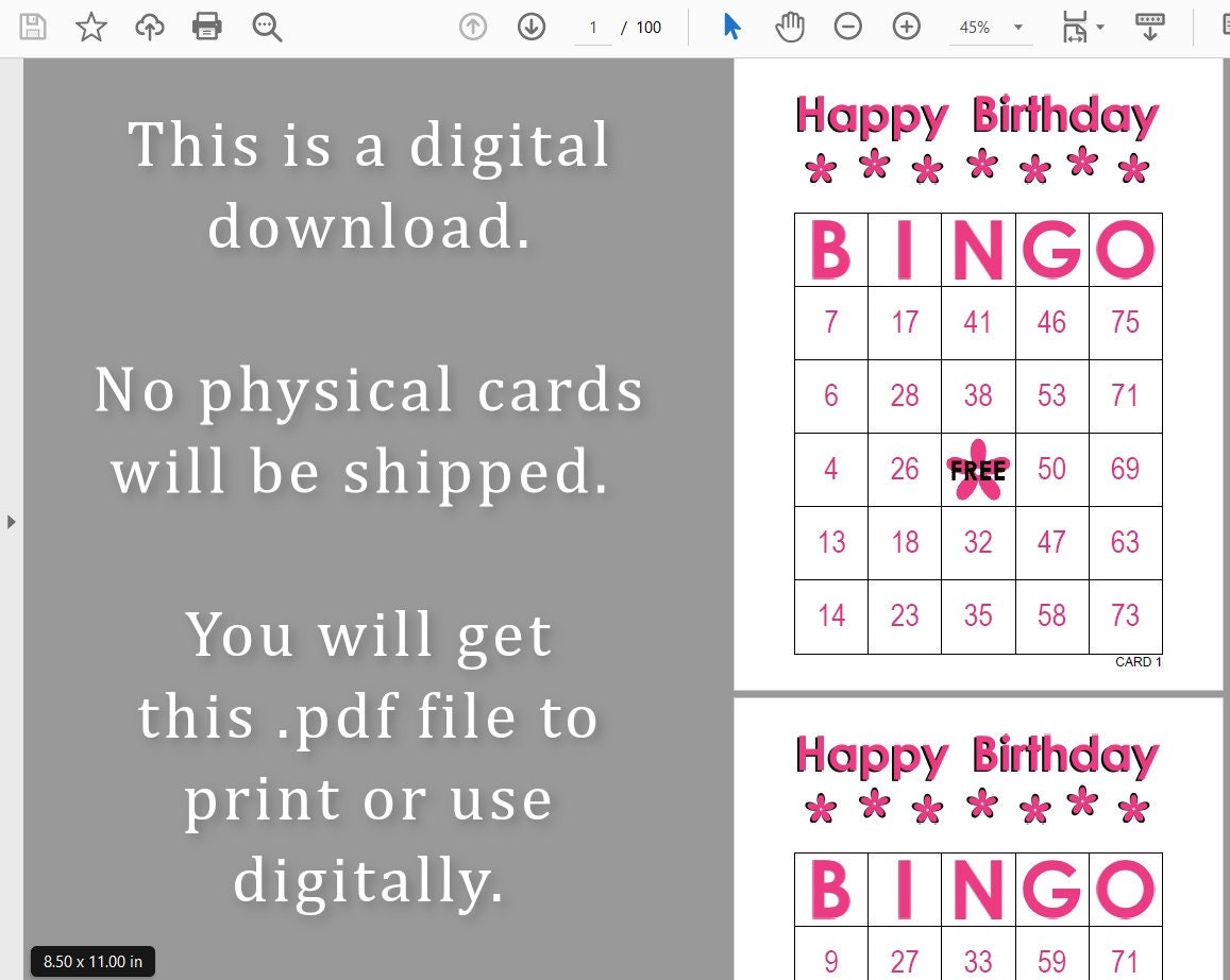 100 Birthday Bingo Cards Pdf Download, 1 per Page, 75 Call, Instant ...