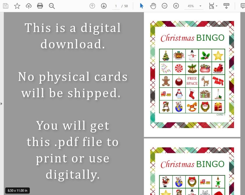 50 Christmas Bingo Cards Pdf Download, 1 and 2 per Page, Printable ...