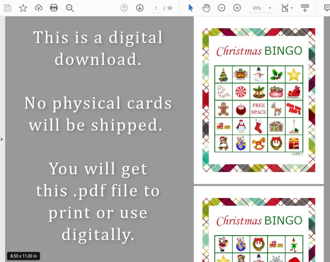 50 Christmas Bingo Cards Pdf Download, 1 and 2 per Page, Printable ...