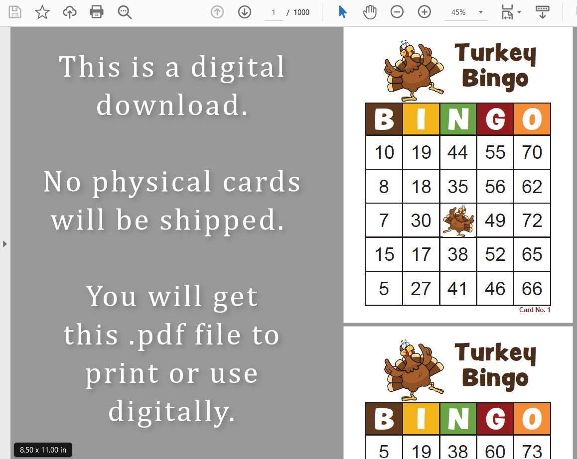 1000 Turkey Bingo Cards, 1, 2, and 4 per Page, Instant Printable Fun ...