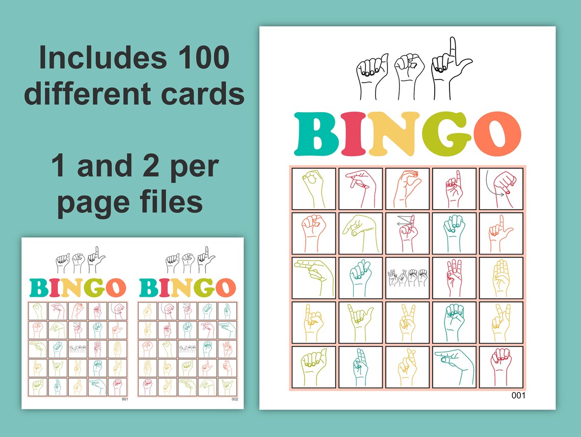 100 ASL Bingo Cards Prints 1 and 2 per Page Instant Pdf | Etsy