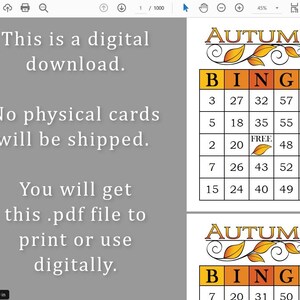 1000 Autumn Bingo Cards, 1, 2, and 4 per Page, Instant Printable Pdf ...