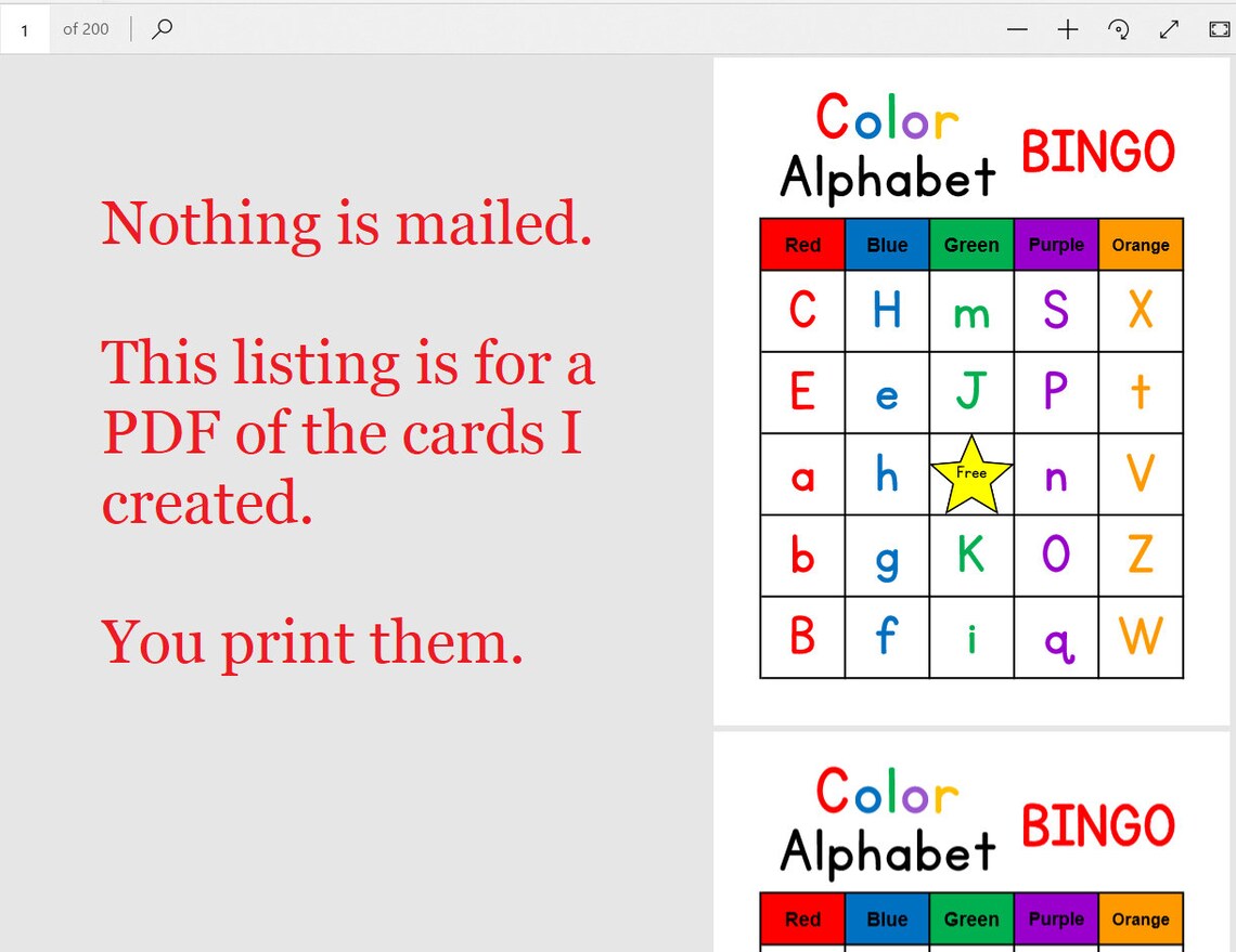 200 Color Alphabet Bingo Cards Pdf Download 1 per Page - Etsy