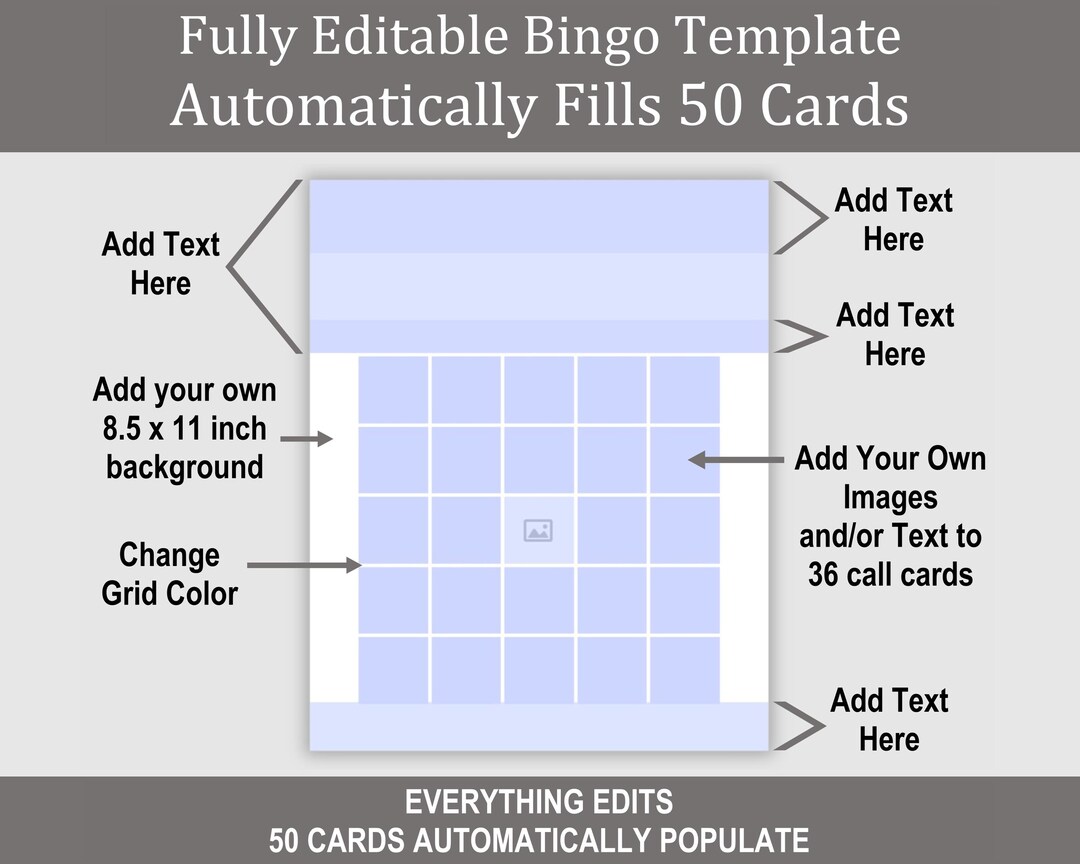 50 Card Editable Bingo Template, Picture/text Bingo, Everything Edits ...